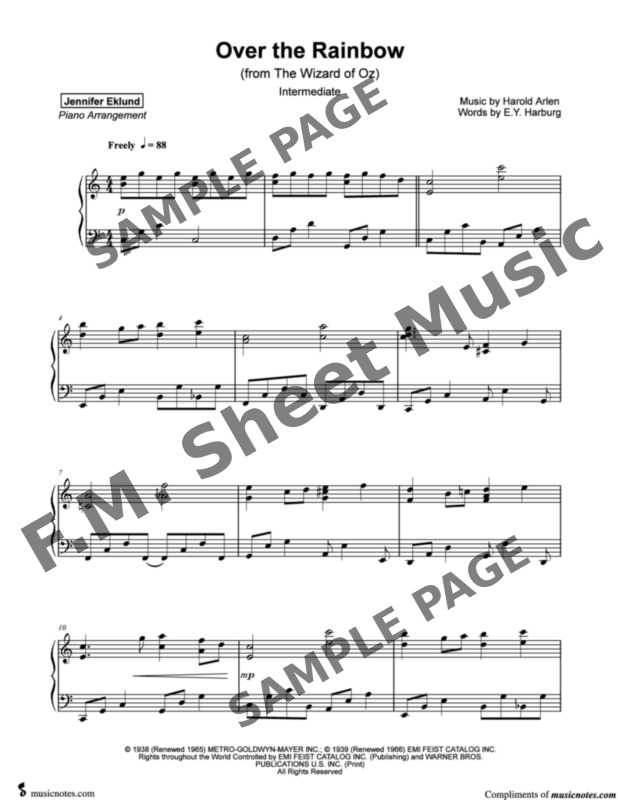 Over The Rainbow Intermediate Piano By Judy Garland F M Sheet